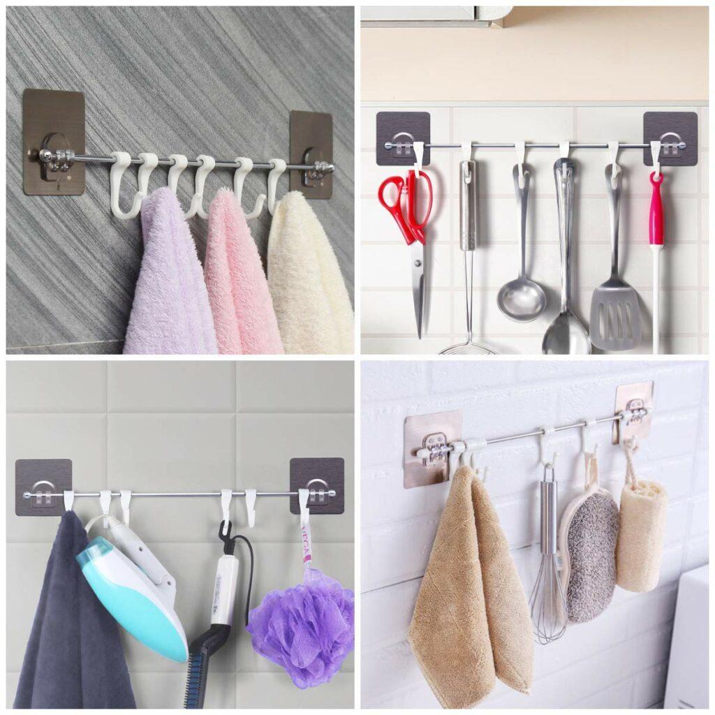 Multi-Purpose Wall Hanging Stainless Steel Rail with 6 Hooks - Excel Store